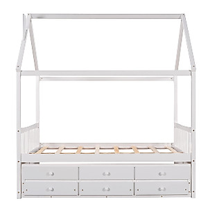 Harper & Bright Designs Full House Bed with Trundle and 3 Storage Drawers, Full Captain's Beds Wooden Storage Daybed Frame for Kids Teens Boys Girls (Full Size, White)