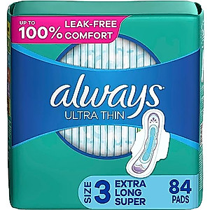 Always Ultra Thin Size 3 Extra Long Super Pads with Wings Unscented, 28 Count