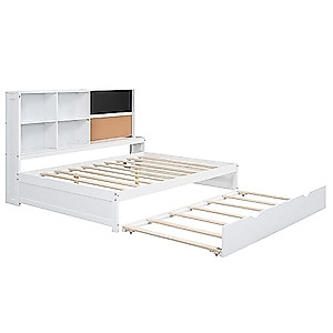 Harper & Bright Designs Full Size Daybed Twin Size Trundle,USB Ports and Storage Shelves,Wood Full Size Bed Frame Blackboard,Cork board and Bookshelf,Full Sofa Bed Living Room Bedrooms,White