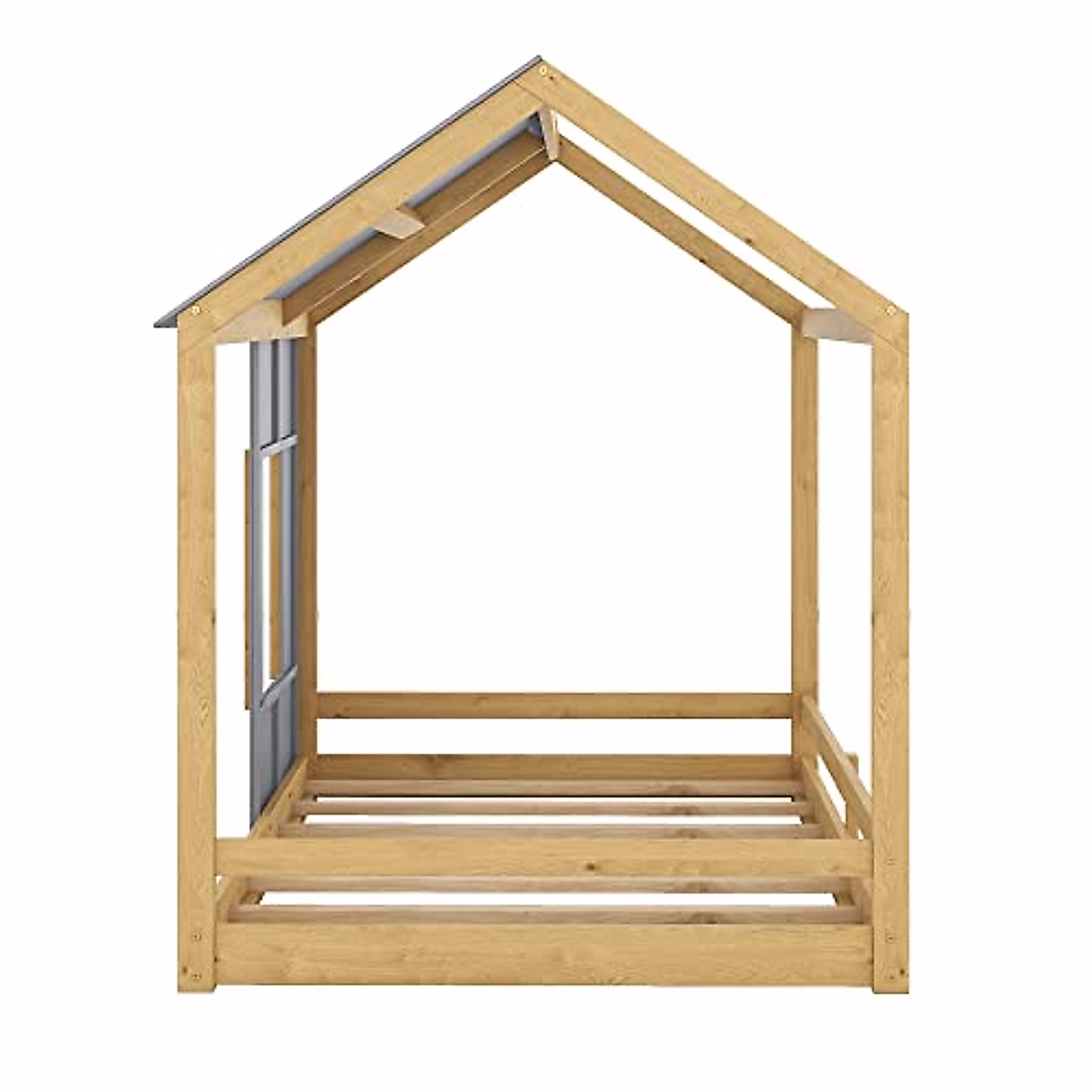 Livavege Twin Size Wooden House Bed with Roof and Window, Montessori Floor Twin Platform Bed Frame for Boys and Girls, Fun Playhouse Style w/Wooden Slats Support, No Box Spring Needed