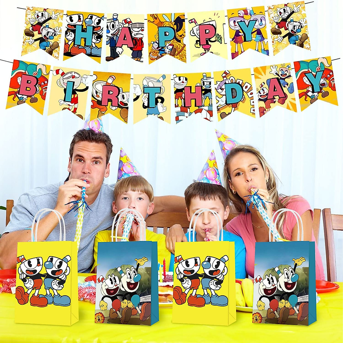 leiquyeah 16pcs Cup Head TV Show Party Favor Bags, Cartoon Theme Birthday Paper Gift Bags with Handles for Decorations Goody Treat Candy (023)