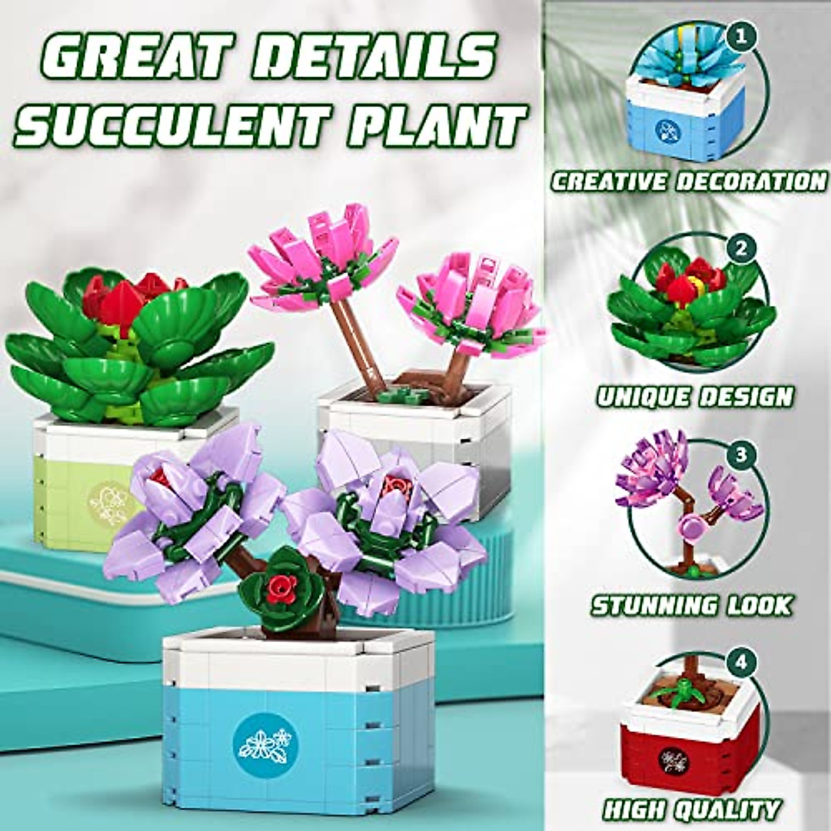 WISEPLAY Succulent Building Blocks Set - Christmas Stocking Stuffers for Woman and Teens Girls - Unique Flower Home Décor Idea - Build & Display Creative Building Project for Women and Teens