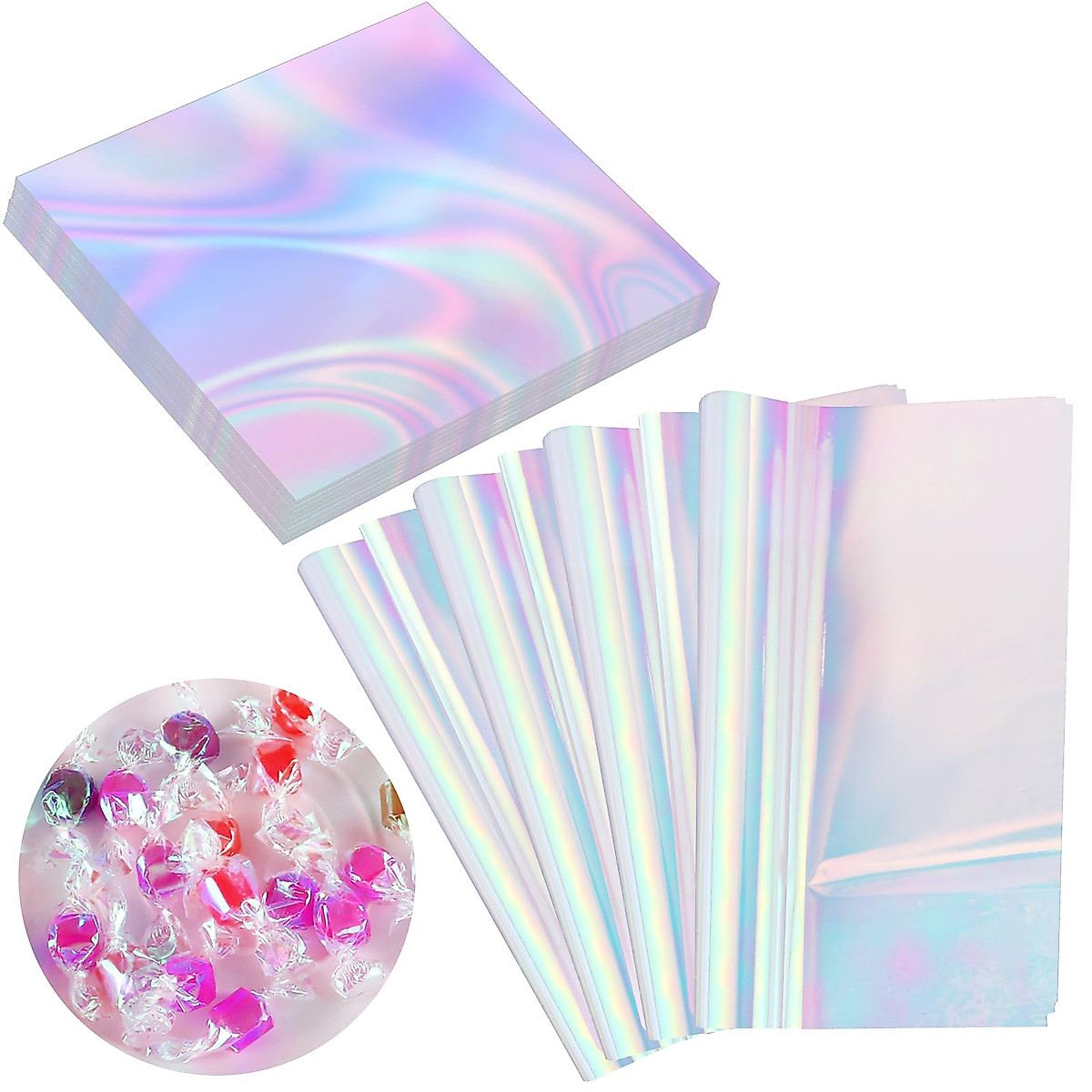 Prudiut 150 Pieces Cellophane Sheets Iridescent Cellophane Wrap Easter Cellophane Gift Wrap for Iridescent Film Crafts Decoration Holographic Candy Wraps (9 x 9 Inch)