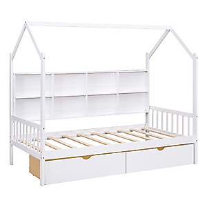 Twin House Bed with 2 Drawers and Storage Shelves, Montessori Bed, Twin Platform Bed Frame with Roof, Tent Bed, Solid Wood Playhouse Bed for Kids Teens Girls Boys (Twin, White)