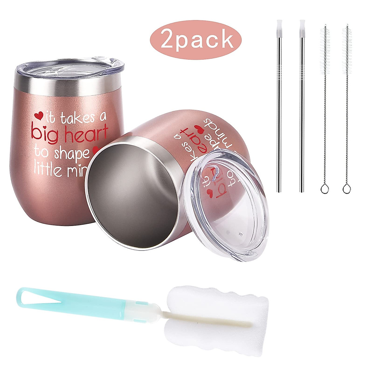GINGPROUS 2 Pack Teacher Appreciation Gifts in Bulk, It Takes a Big Heart Wine Tumbler Set, Birthday Christmas Teacher Gifts for Teachers Women,12 Oz Stainless Steel Wine Tumbler with Lid, Rose Gold
