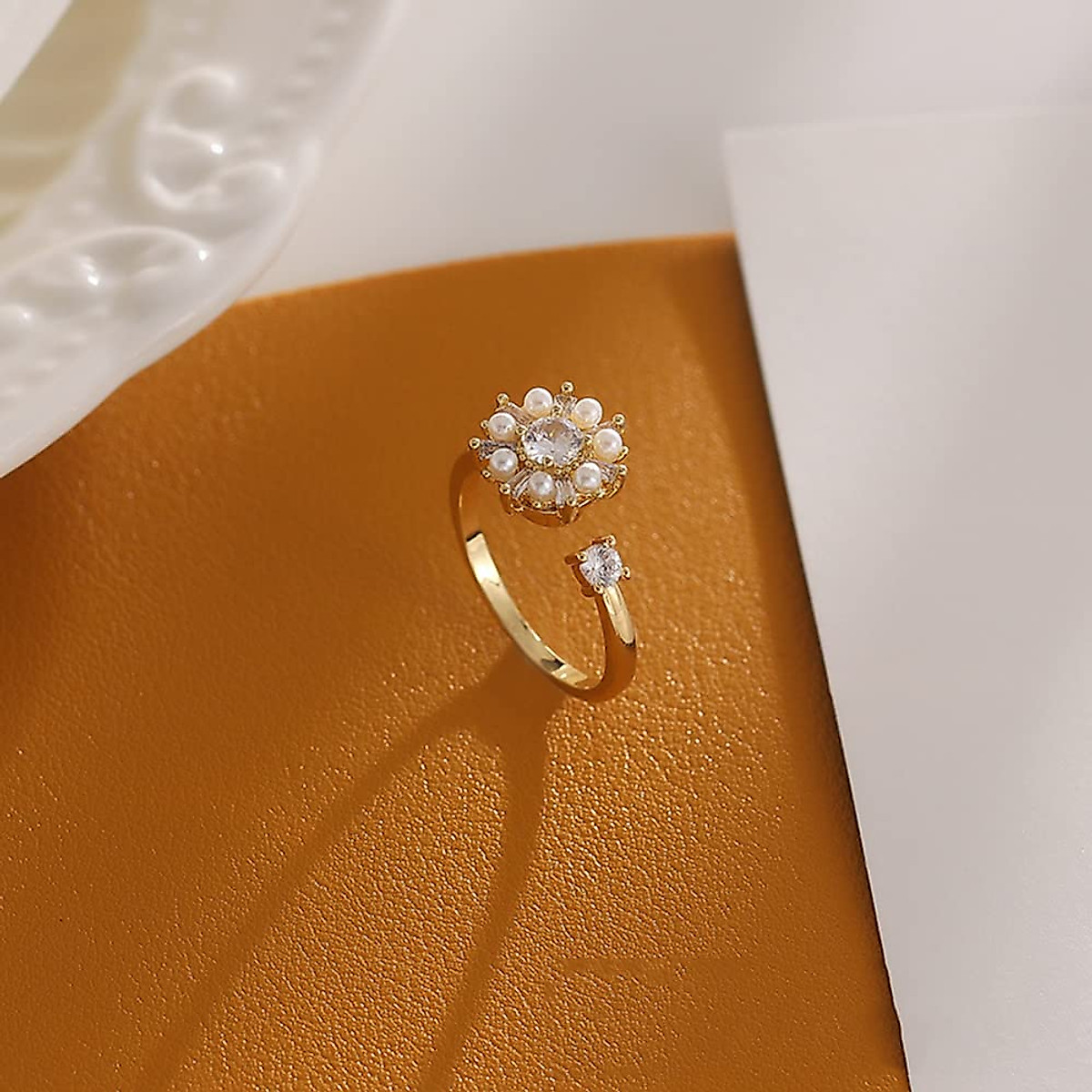 Rotatable Pearl Flower Round CZ Anti Anxiety Statement Adjustable Wrap Open Rings for Women 14K Gold Plated Cubic Zirconia Crystal Stress Relief Fidget Spinner Ring Dainty Expandable Stacking Worry Knuckle Snowflake Rings Fashion Jewelry Gifts Bff Xmas