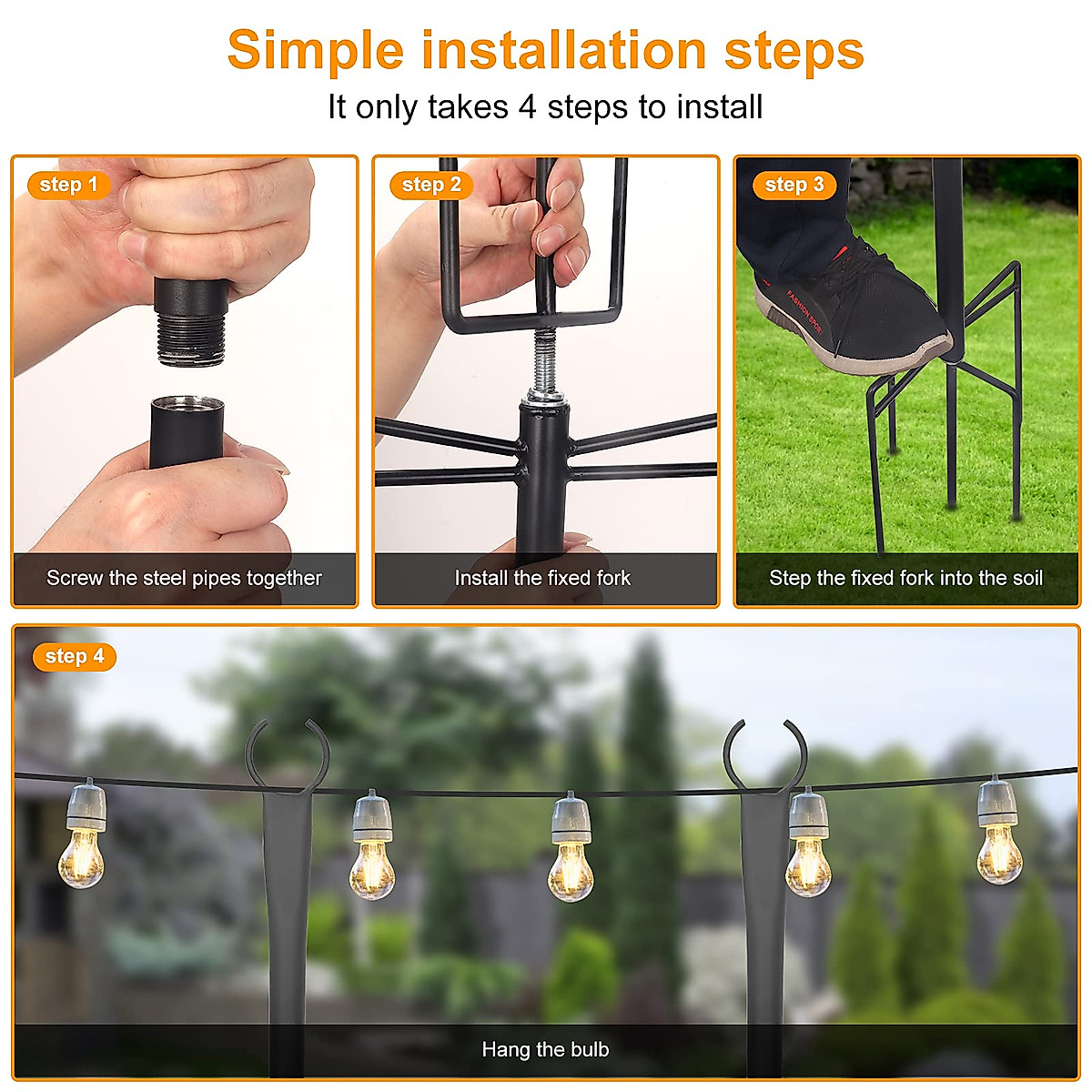 String Light Poles for Outside, 2 Pack 9ft 5 Prong Base Poles for Outdoor String Lights with Hooks- Garden, Backyard, Patio Light Poles for Wedding Party Deck Christmas