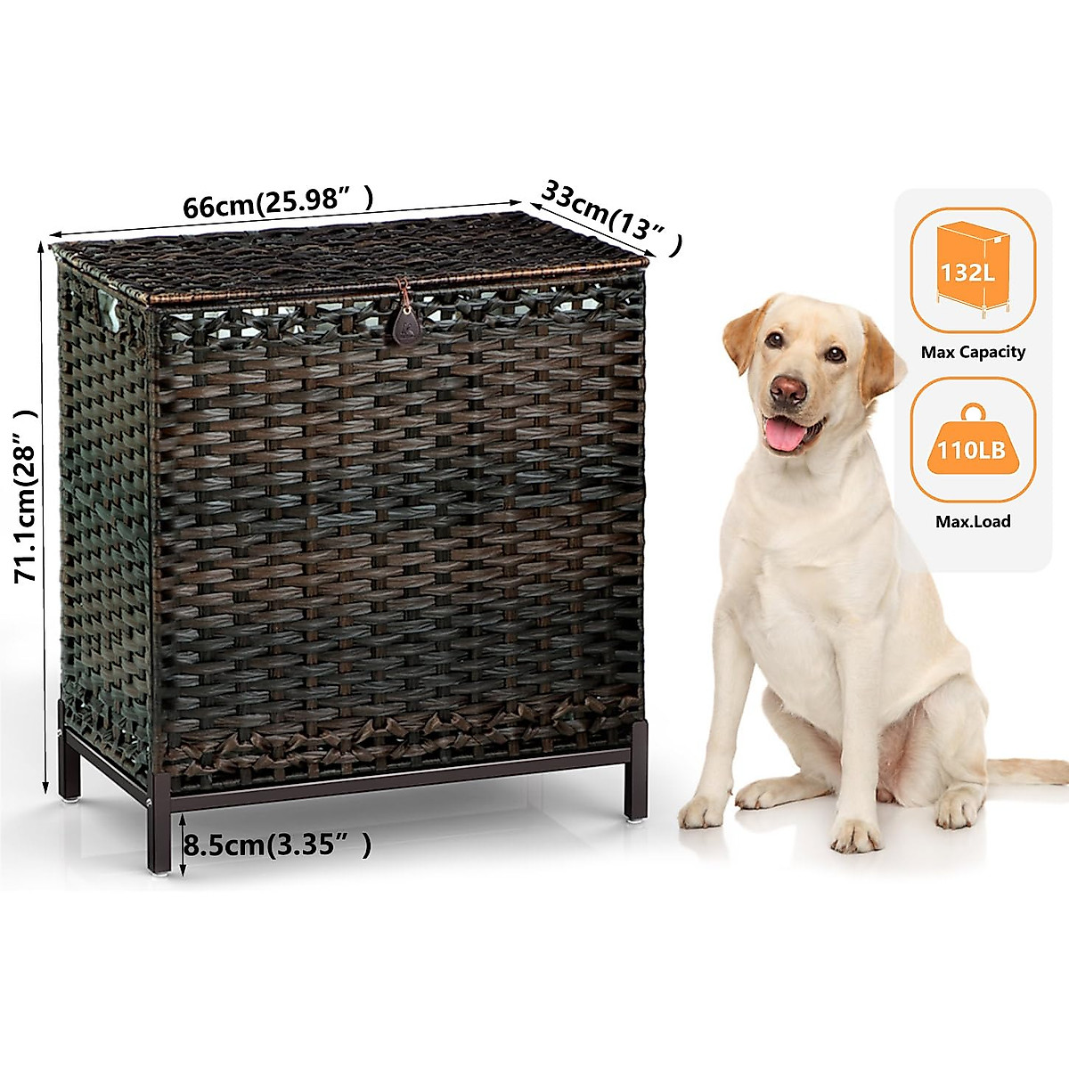 KUREEISE Laundry Hamper with 3 Removable Liner Bags, 132L Handwoven Rattan Laundry Basket with Metal Heightened Feet, Clothes Hamper with 6 Mesh Bags, Laundry sortor with 3 Sections（Brown）