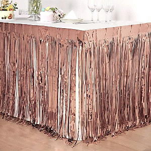 Tableclothsfactory 30" x9FT Metallic Foil Fringe Table Skirt, Self Adhesive Party Table Skirt - Blush | Rose Gold