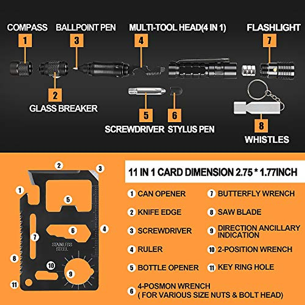Stocking Stuffers Gifts for Men，11-IN-1 Tactical Pen Multitool Pen Survival Pen, Cool Gadgets Gift, Outdoor And Indoor Tactical Gear With Pocket Tool, Gifts Ideas for Him Dad Husband Fathers