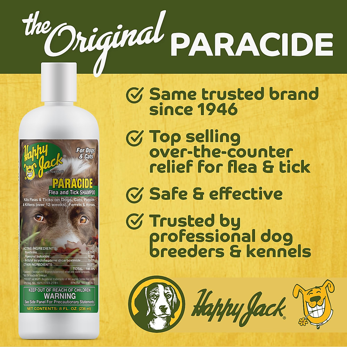 Happy Jack Paracide Flea & Tick Shampoo for Dogs, Dog Flea and Tick Treatment, Flea and Tick Prevention for Cats, 8 oz