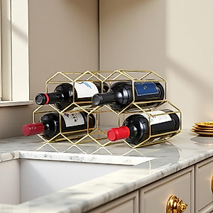 9 Bottles Metal Wine Rack, Countertop Free-Stand Wine Storage Holder, Space Saver Protector for Red & White Wines - Gold
