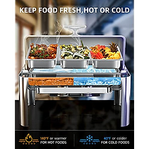 Halamine Roll Top Chafing Dish Buffet Set, 9 Qt Stainless Steel Catering Chafer Server with 3 1/3 Size Pans Rectangle Catering Warmer Server for Wedding, Parties, Banquet, Catering Events, Graduation