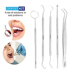 KOEL Dental Tools Kit Stick Oral Care Interdental Teeth Cleaning Teeth Whitening Dentist Floss Calculus Plaque Remover Probe, Mirror Dentist Kit (5P Dental Set)