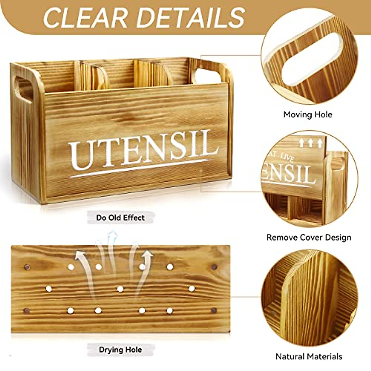 brekle Rustic Kitchen Utensil Holder Larger Wooden Utensil Holder for Kitchen Counter 3 Compartment for Efficient Utensil Organizer and Cooking Tools Storage