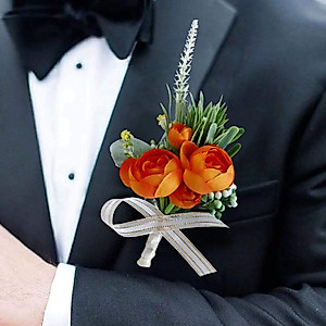 Easin 2Pcs Boutonniere Buttonholes and Wrist Corsage Wristband Roses Wrist Corsage, Groom Groomsman Best Man and Girl Brides Rose Wedding Flowers Accessories Prom Suit Decoration (Orange)