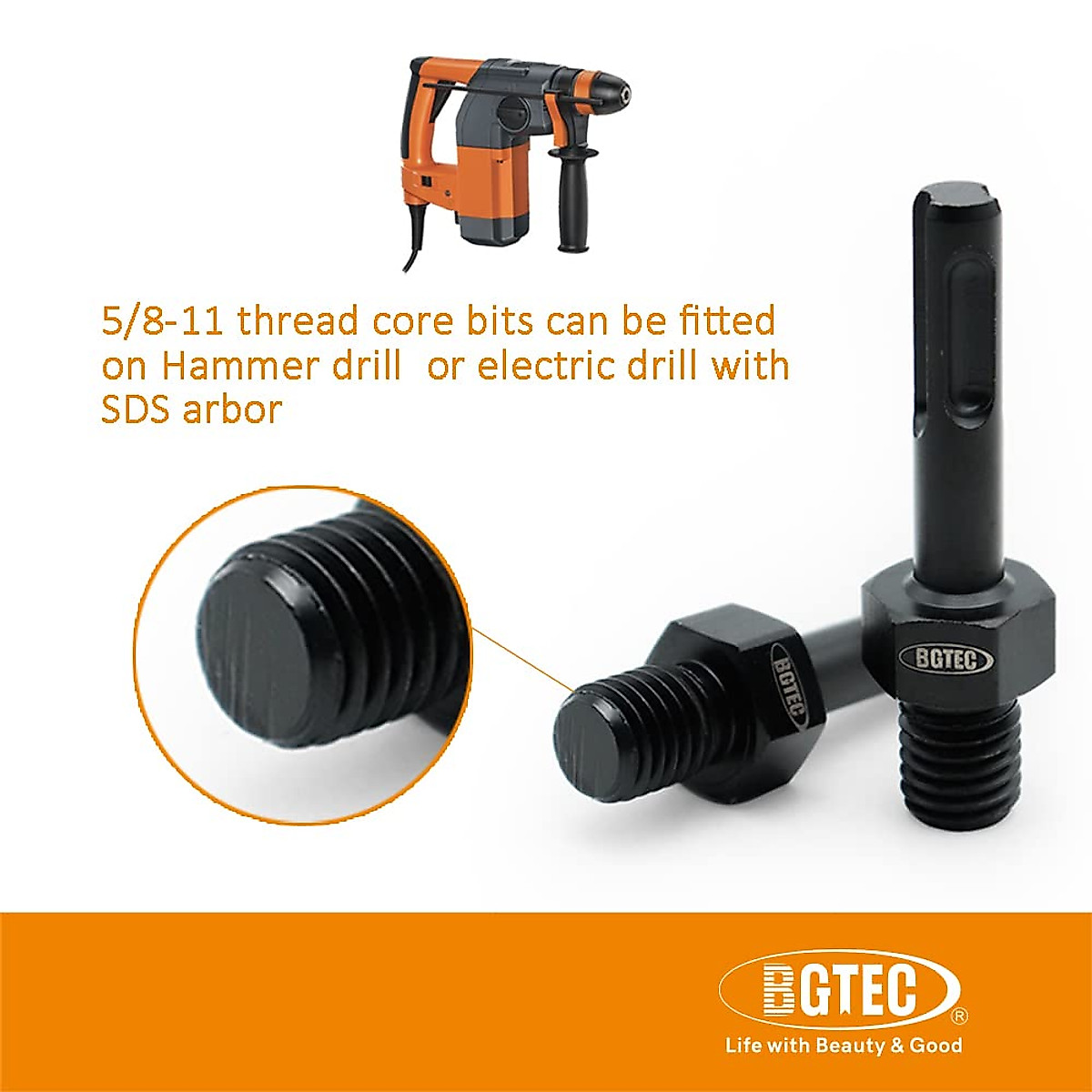 BGTEC Core Drill Adapter 5/8“-11 Male Thread to SDS Plus Shank for Hammer Drill,Rotary Hammer Drill Core Drilling