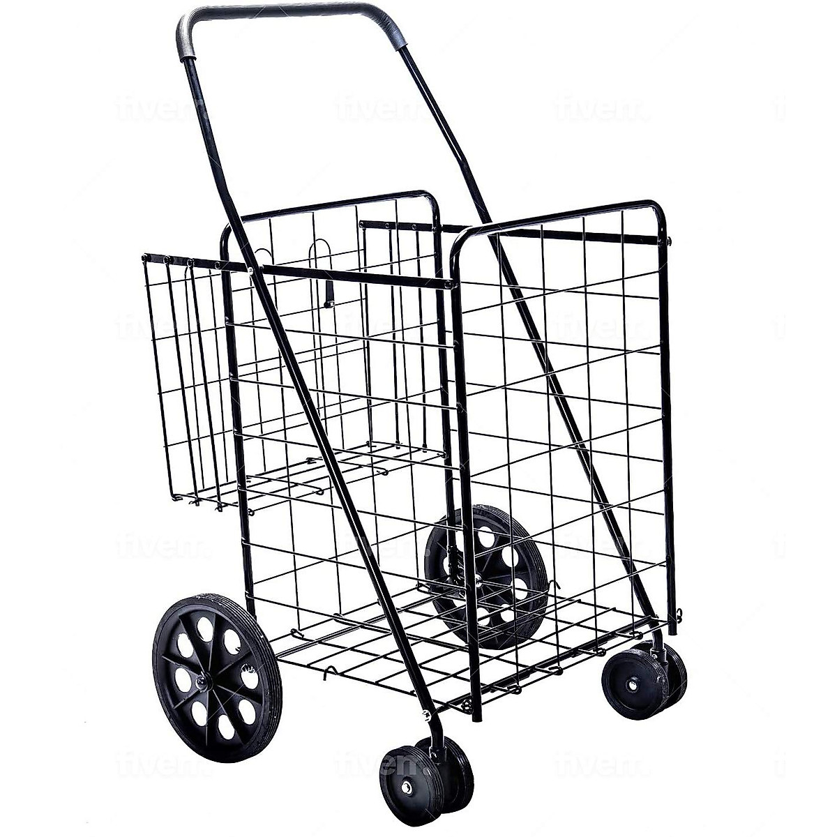 LS Jumbo Deluxe Foldable Utility Shopping Cart with Dual Swivel Wheels and Double Basket- 200 lb Capacity