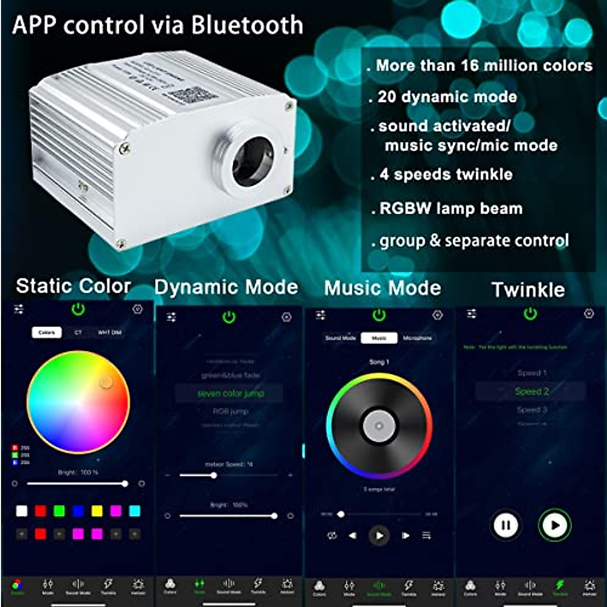 AZIMOM Bluetooth 10W Twinkle RGBW LED Fiber Optic Star Ceiling Lights Kit Mixed 375pcs 9.8ft Strands Music Sound Activated APP Remote Control for Car Indoor Home Interior Star Decoration