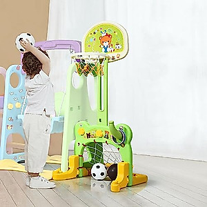 6 in 1 Toddler Swing and Slide Set, Kids Large Climber Slide Playset with Basketball Hoop, Football Gate and Golf Hole, Playground Swing Set for Indoor Outdoor Backyard 3-10 Gifts Presents