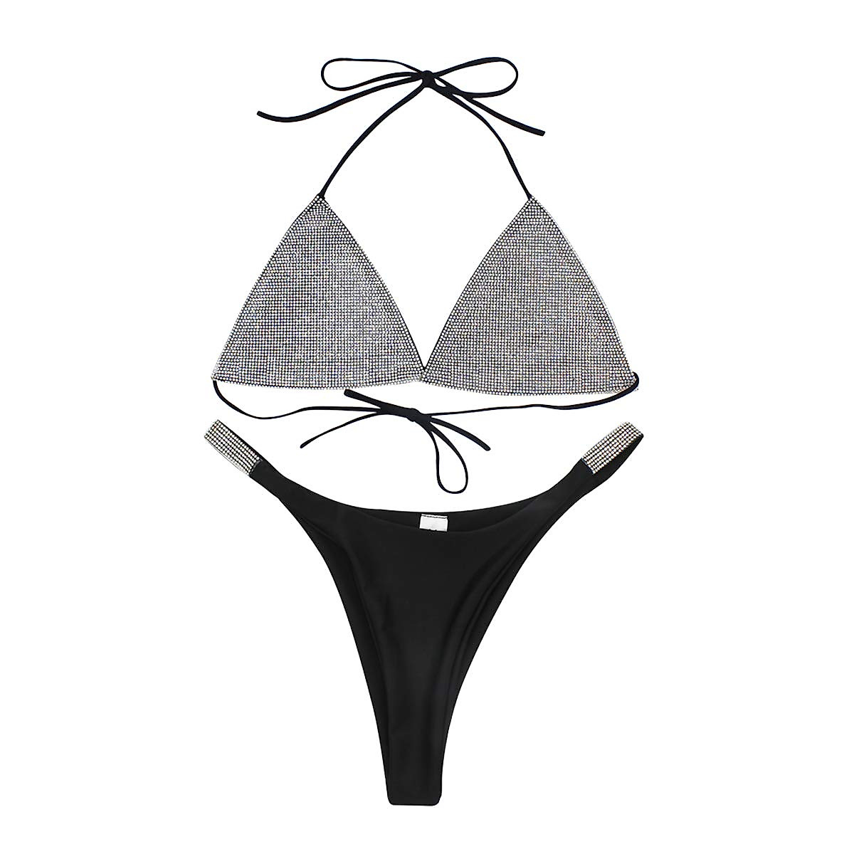 Women 2 Piece Shiny Diamond Crystal Bathing Suit Bikini Sexy Push Up Swimwear for Party Rave Clubwear Black