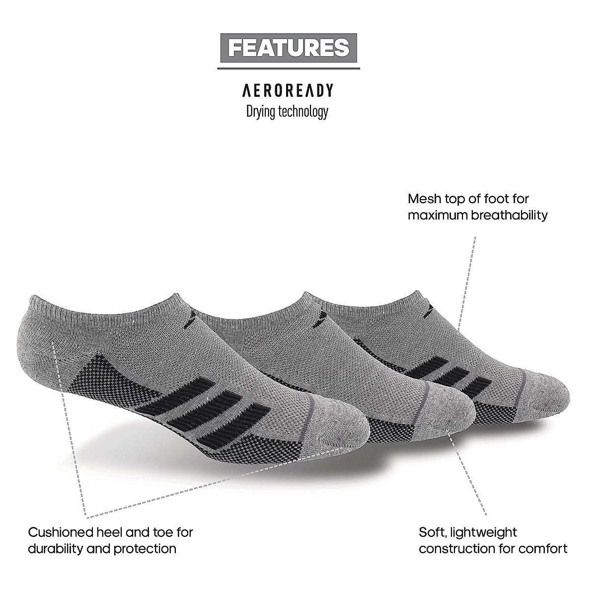 adidas Men's Superlite Stripe II 3-Pack No Show, Heather Grey/Black/Night Grey, Large