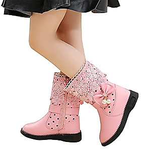 DADAWEN Girl's Waterproof Lace Bowknot Side Zipper Fur Winter Boots (Toddler/Little Kid/Big Kid) Pink(Update) US Size 2 M Little Kid
