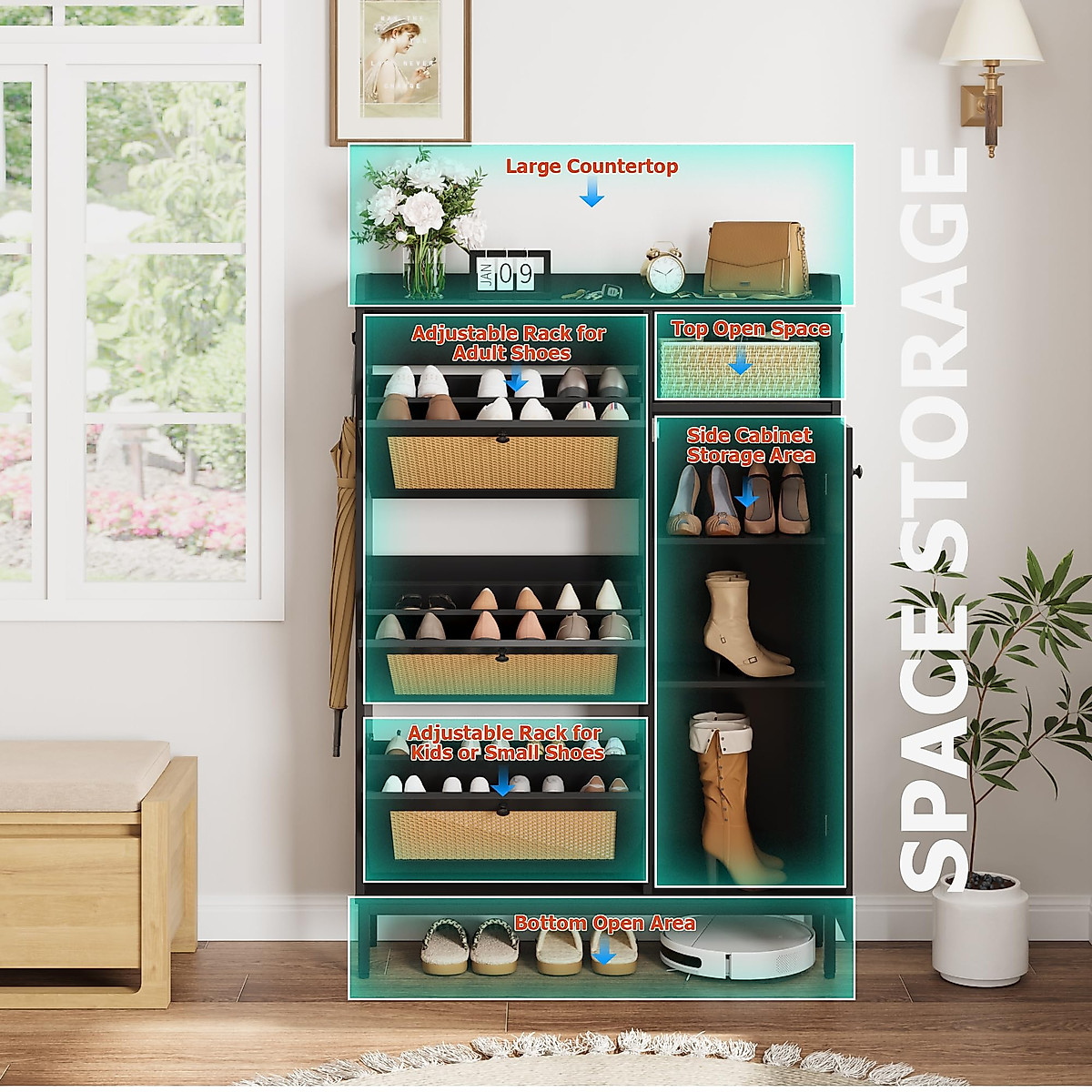 GarveeHome Rattan Shoe Storage Cabinet with 3 Flip Drawers, Freestanding Organizer with Adjustable Shelves for Entryway, Narrow Shoe Rack Cabinet for Hallway, Easy Assembly, Black