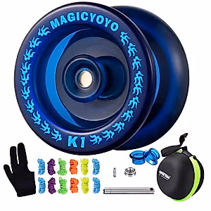 MAGICYOYO Responsive Yoyo K1 Tug Return Yoyo, Hubstacks Yoyo for Kids Beginners Dual Purpose Yoyo with Unresponsive Bearing, Sturdy Storage Bag + 12 Yoyo Strings +Yo-Yo Glove +2 Yoyo Hubstacks (Blue)