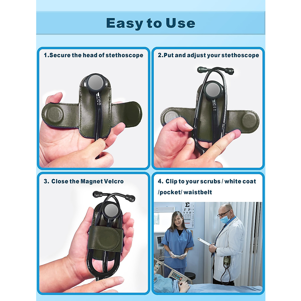 CaseLeather Stethoscope Holder, Genuine Top-Grain Leather | Strong & Durable | Magnetic Closure - Easy Access | for Doctors, Nurses, Adult (Green)