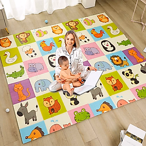 79 x 71” Baby Play Mat Reversible Foldable Floor Playmat Extra Large Thick Foam Playmat Non-Toxic Waterproof Crawling Mat for Infants Toddlers and Kids Indoor Outdoor Use (Car-Animal)