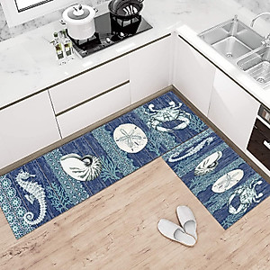 GUBIYU Kitchen Rugs Sets 2 Piece Floor Mats Sea Underwater Submarine Blue Crab Durable Doormat Nautical Ocean Animal Area Rugs Washable Runner Carpet Set Non Slip Fantastic Crab Kitchen Rugs and Mats