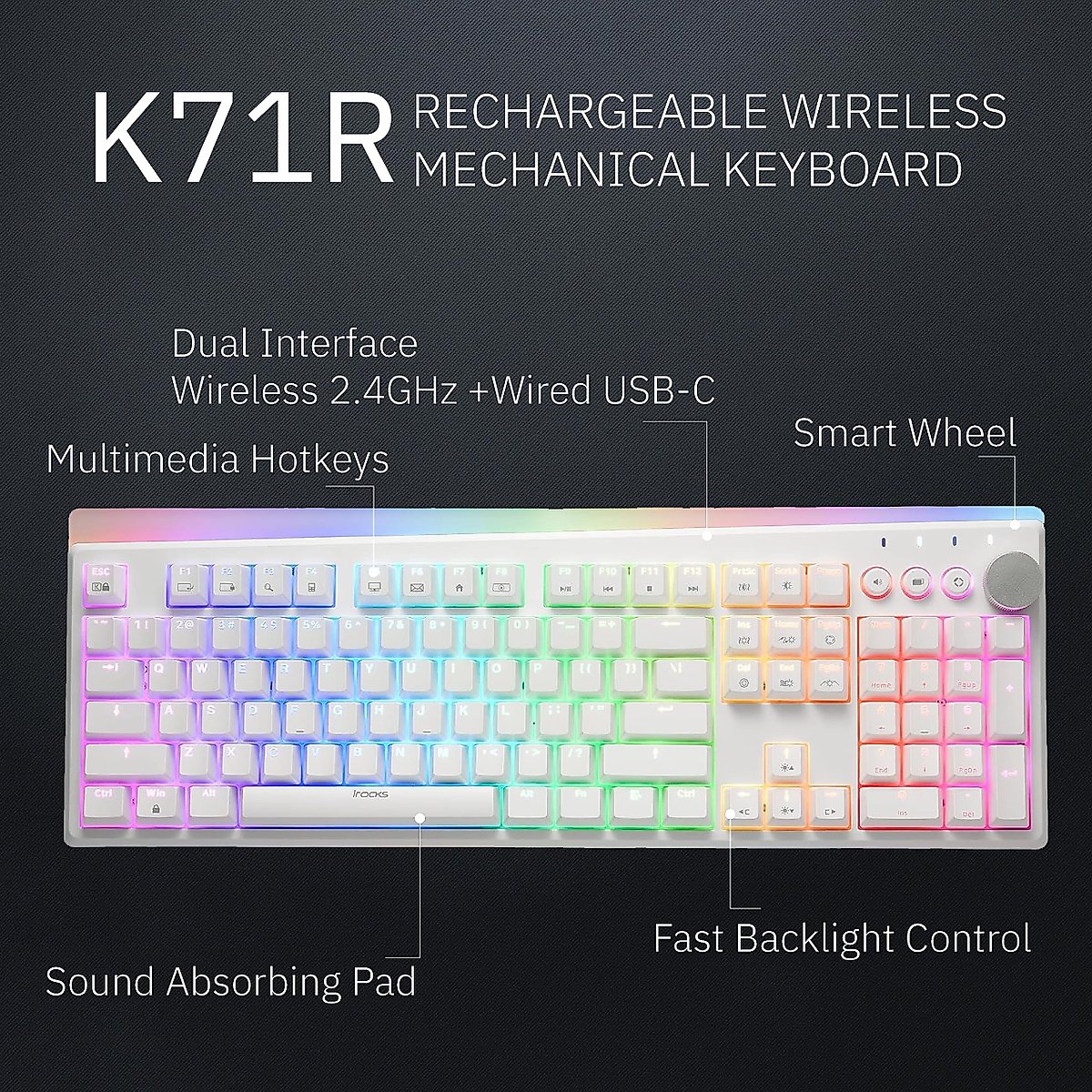iRocks K71R Wireless RGB Mechanical Gaming Keyboard,Gateron Switches Brown,PBT 107 Keys NKRO,RGB Backlit, Pro Keyboard for Gaming and Work,Dual Interface Wireless & Wired, Windows Laptop PC Mac,White