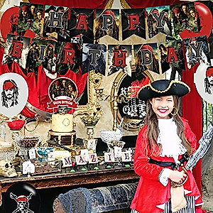 Pirates of the Caribbean Party Decorations,Birthday Party Supplies For Depp Pirate Hat Party Supplies Includes Banner - 12 Cake Toppers - 18 Balloons - 50 Pirates Stickers