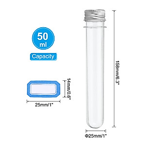 PATIKIL 50ml Test Tubes Set, 24pcs 5.5x1" Plastic Clear Round Bottom Test Tube Containers with Labels for Bead Party Candy Bath Salt Storage Plant Propagation, Silver Cap