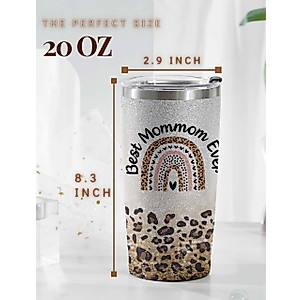 Onebttl Mommom Gifts from Granddaughter, Grandson, Insulated Stainless Steel Wine Tumbler with Lid and Straw, for Grandma on Mother's Day, Birthday, Christmas, Best Mommom Ever, Glitter Silver, 20 oz