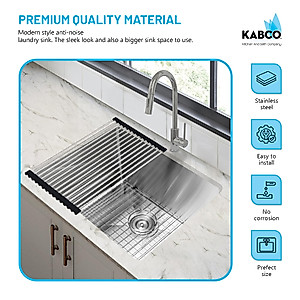 KABCO KLA23SSGR 18 Gauge Top-Undermount Drop In Laundry Utility Sink 23-Inch Stainless Steel Single Bowl with Strainer kit, Top Rolling Sink Rack & Bottom Sink Grid 4PC Combo Package- 23x18x12 Inch