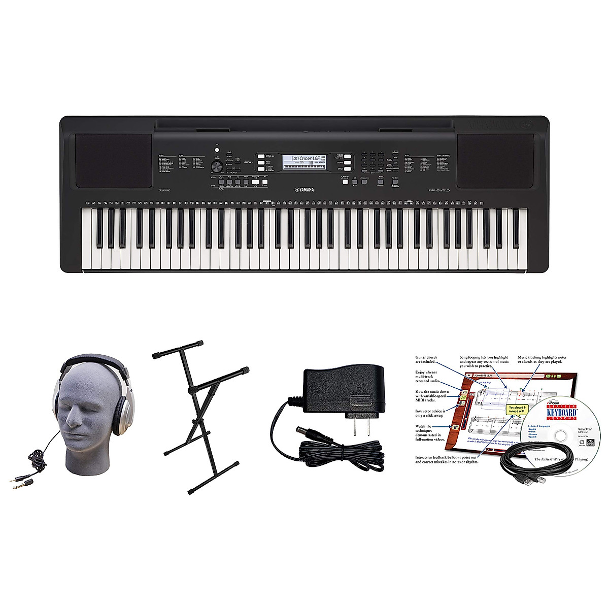 Yamaha PSR-EW310 EPS 76-Key Educational Keyboard Pack with Power Supply, X-Style Stand, Headphones, USB Cable, and Instructional Software, YAM PSREW310