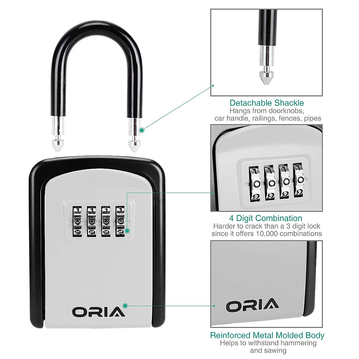 ORIA Key Lock Box, Key Safe Box, 4 Digit Combination Key Storage Lock Box Waterproof, 5 Keys Capacity with Removable Shackle for Indoor Outdoor, Silver, 3.66inch
