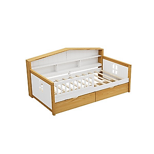 Wooden House Shape Daybed with Two Drawers and Bookcase Headboard,for Kids Girls Boys Teen Bedroom Use (Walnut/White@Drawers/, Twin)