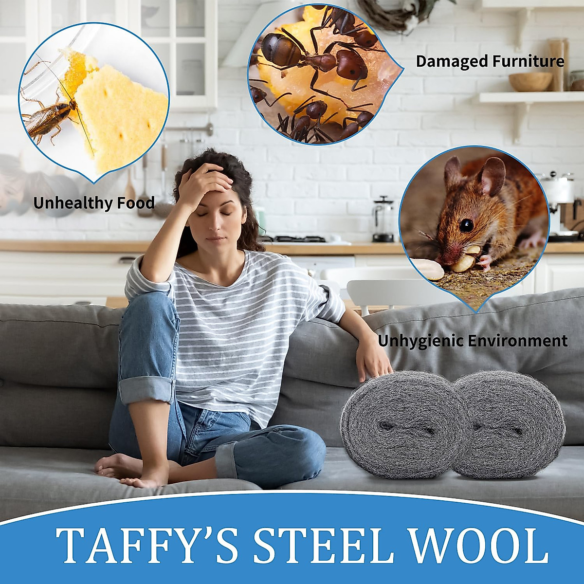 TAFFY'S Steel Wool for Mice Control - 1 Pack of 3×15Ft Steel Wool, Gap Filter for House & Garage - Keep Mice Away from Holes, Siding, Pipeline, Vents in Garden, House, 5.29oz