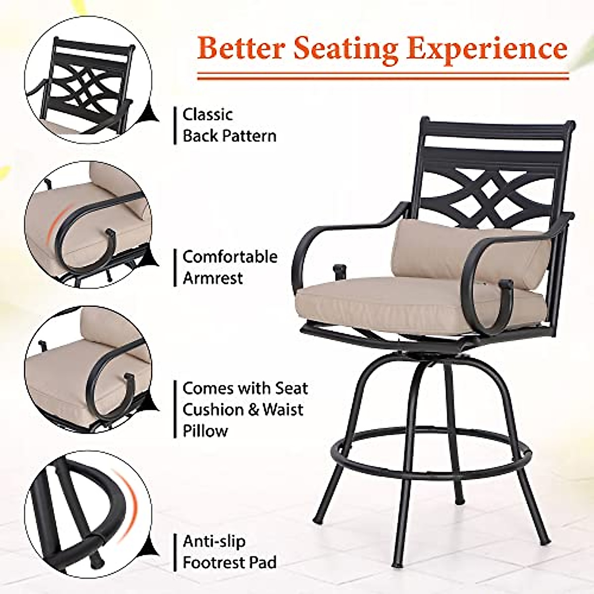 Sophia & William Patio Bar Stools Set of 2, Swivel Bar Chairs, High Dining Chairs with Seat Cushion