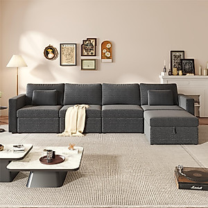 RENDGO Oversized Modular Sectional Sofa Convertible Linen Fabric Couch Set, L Shaped Couch with Reversible Chaise, 130 inch Width,5 Seat Modular Sofa with Storage Ottomans, Dark Grey