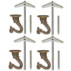 Azi 4pc Antique Brass Ceiling Hook 30 lbs Heavy Duty Hillman Swag Hook 1.5” for Planters Wind Chime Lanterns Decorations - Complete Mounting Hardware Steel Screws Bolts Toggle Wings Brackets