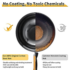 Wok Pan 12 inch, High Carbon Stainless Steel Stir Fry Pans for All Stoves, Iron Pot with Detachable Wooden Handle, Induction, Oven Safe Silver