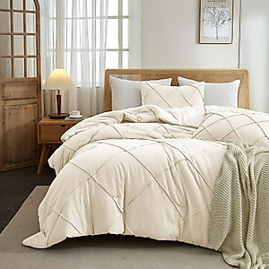 LifeTB Tufted Boho Comforter Set King Size Cream White Diamond Pattern Comforter Set Shabby Chic Bedding Jacquard Comforter Set Geometric Farmhouse Ivory Comforter with 2 Pillowcases All Season