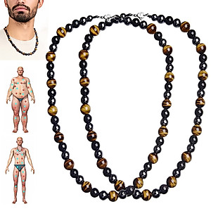 lunhaifi Fortis Marvik Chalcedony Beaded Necklace, Fortis Chalcedony Beaded Necklace, Natural Tiger Eye Beads Beaded Necklace Chain for Men/Women Effective Body Detoxification (2Pcs)