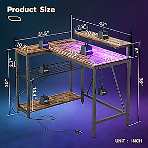 Bestier Small L Shaped Desk with Charging Port & LED Strip,Modern Computer Desk with Reversible Storage Shelves,Corner Desk with Hooks for Bedroom Office Studio Workstation,Rustic Brown