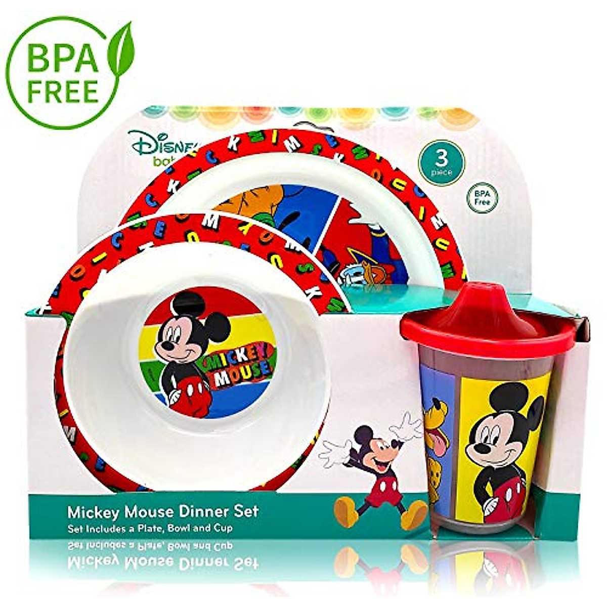 Disney Classic Mickey Baby Toddler Utensil Dinnerware Dish Feeding Set Gift Box including Break Resistant Bowl, Dish Plate, Tumbler Cups - Safe BPA free, Easy to Clean, Perfect Gifts for Kids