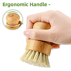 Bamboo Dish Scrub Brushes by Subekyu, Kitchen Wooden Cleaning Scrubbers Set for Washing Cast Iron Pan/Pot, Natural Sisal Bristles, Set of 3